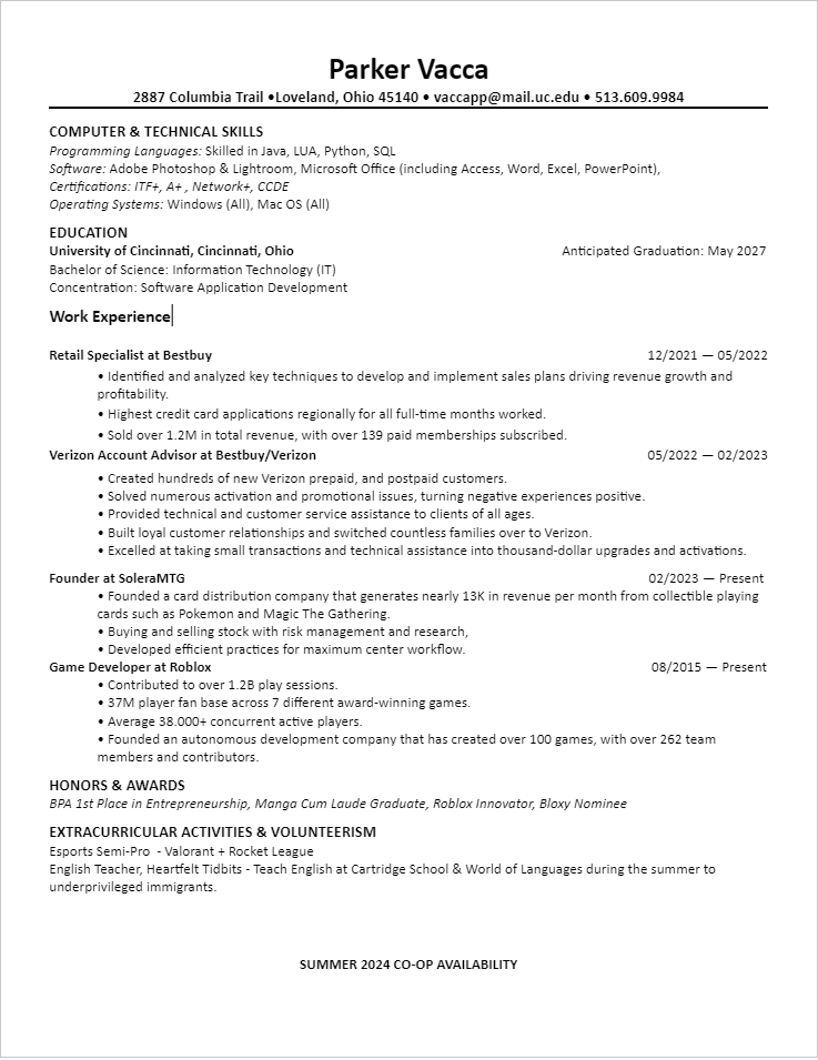 Resume - Parker Vacca
